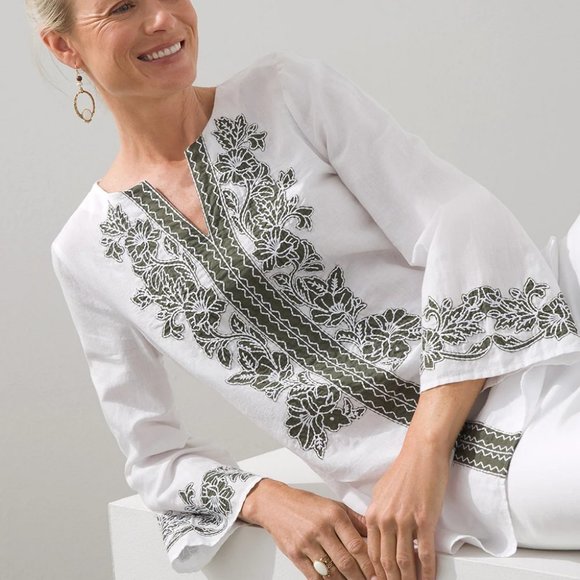Chico's | Tops | New Chicos Linen Embroidered Long Tunic Blouse Top 3 ...